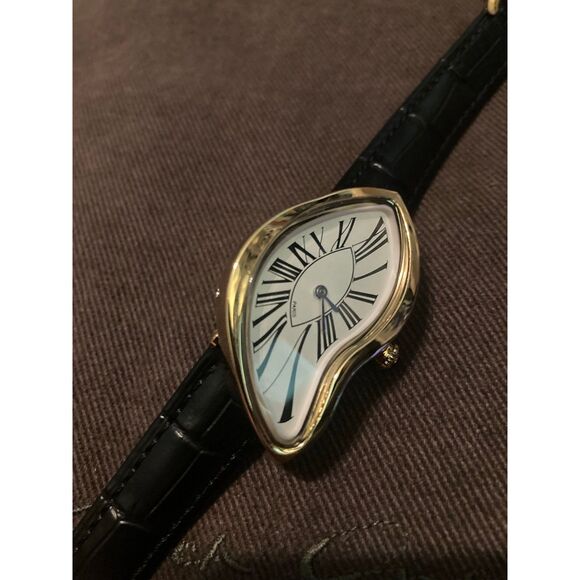 No Brand | Accessories | Melted Watch Face Gold And Black Leather Strap ...